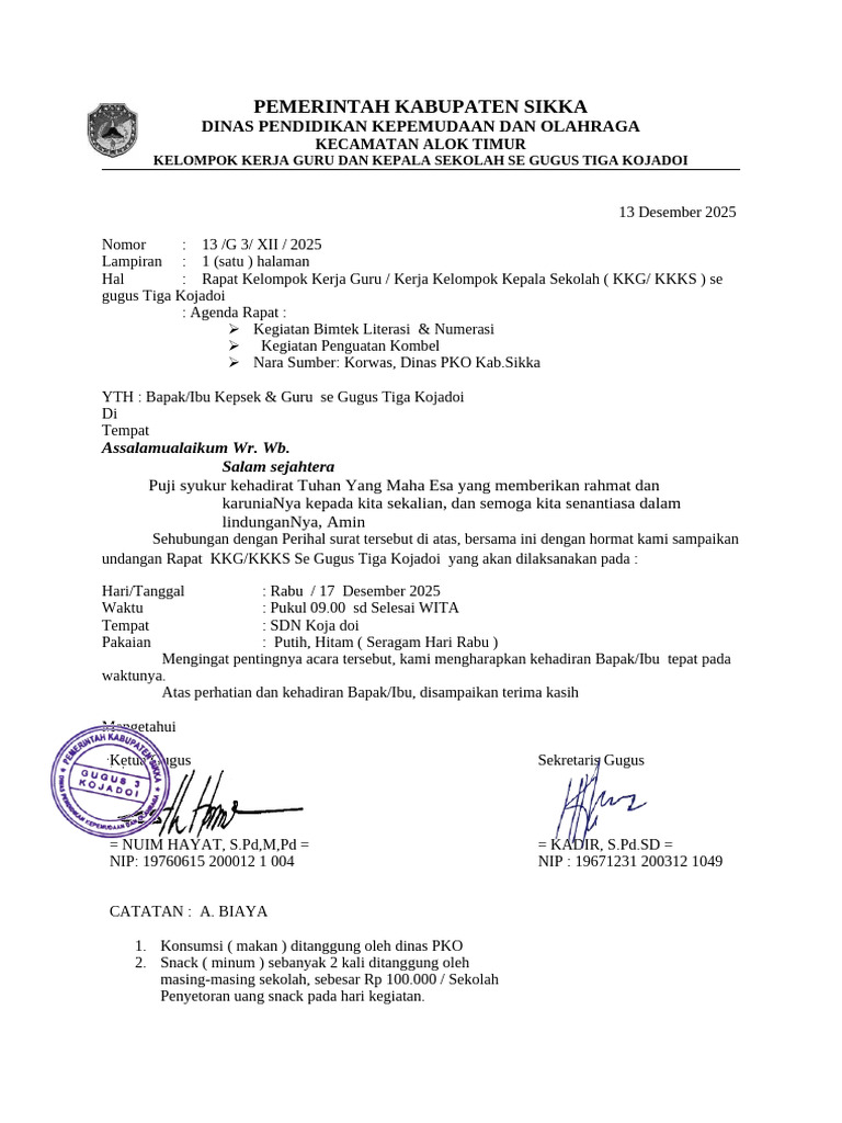 Undangan Rapat KKG - Kkks Gugus 3 K | PDF