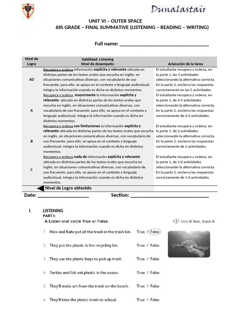 Unit VI - 6th Grade - Final Summative Assessment | PDF | Léxico ...