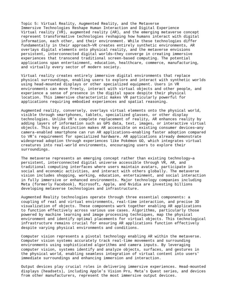 Topic 5 Virtual Reality, Augmented | PDF | Augmented Reality | Virtual ...