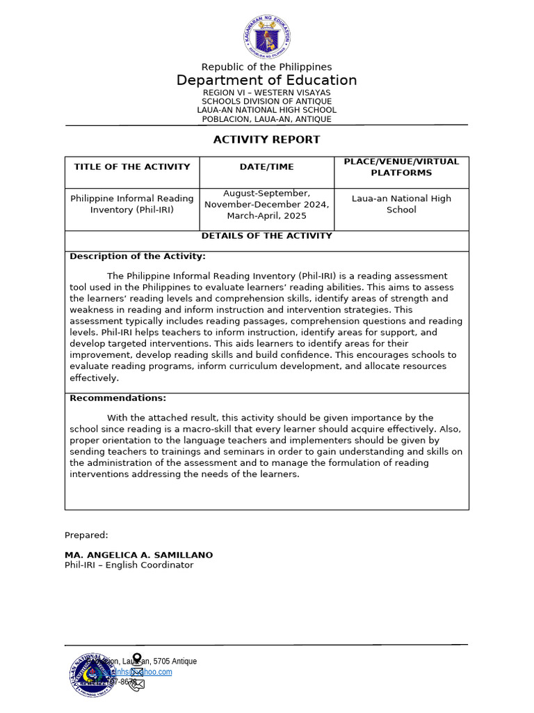 Phil-IRI Activity Report 2024-2025 | PDF | Reading Comprehension ...