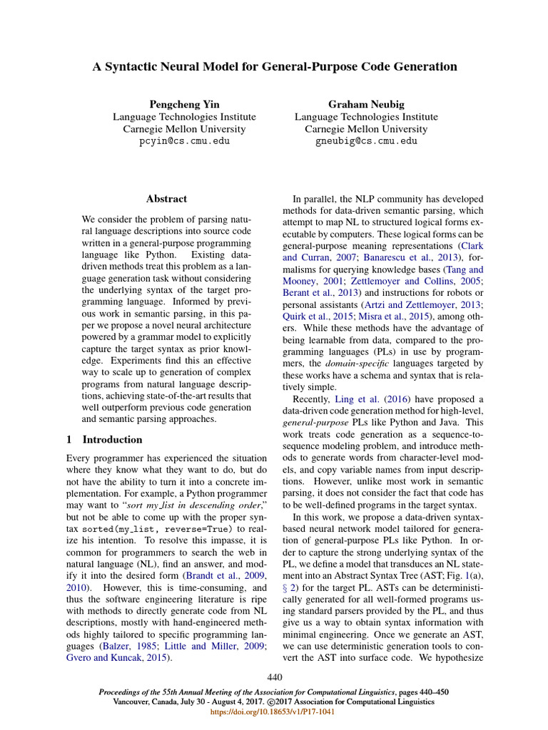A Syntactic Neural Model for General-Purpose Code Generation | PDF | Parsing | Syntax