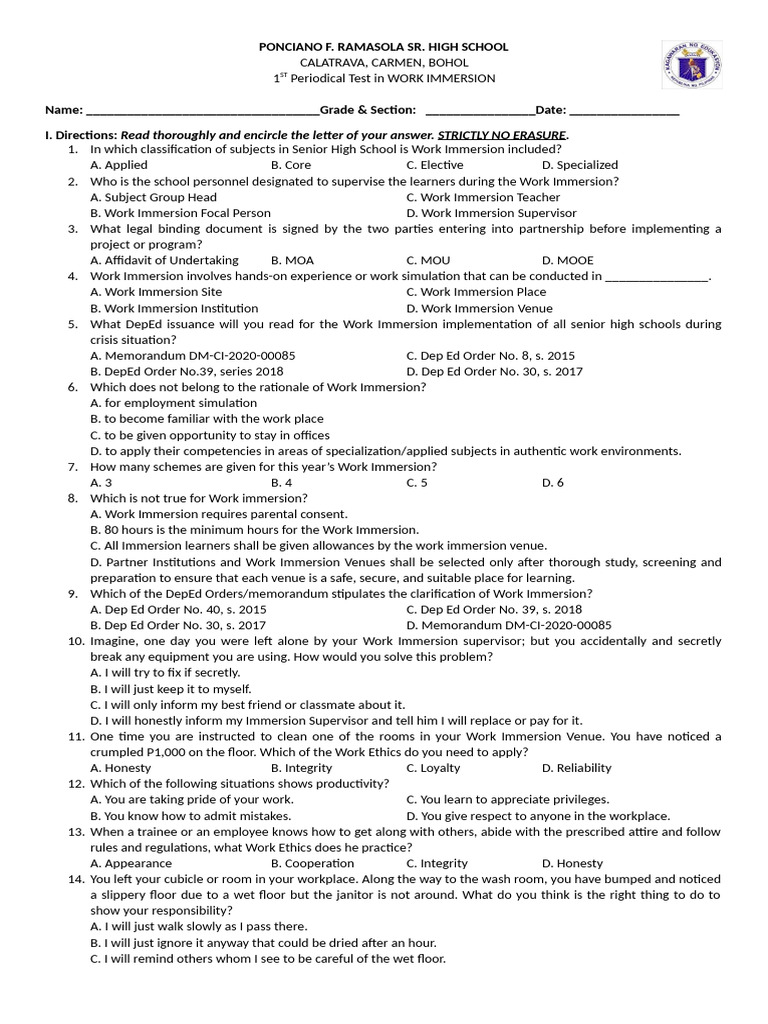 Work Immersion Periodical Test Guide | PDF | Occupational Safety And Health