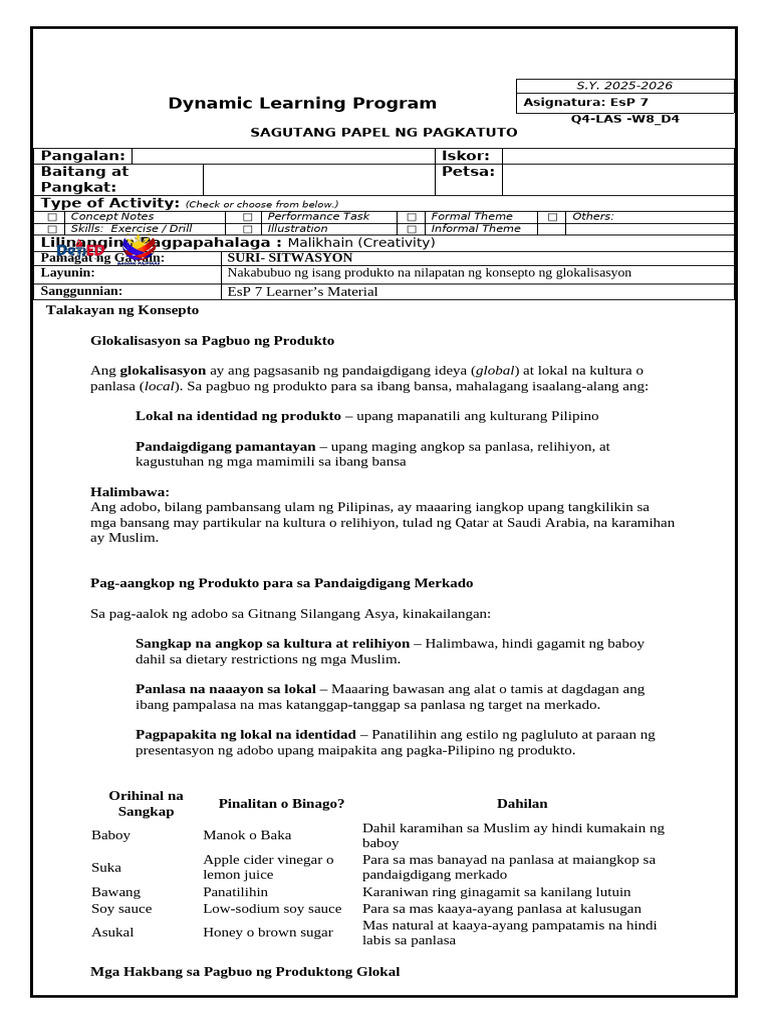 Deped Dlp Las Esp 7 q4 Week 8 Day4 | PDF