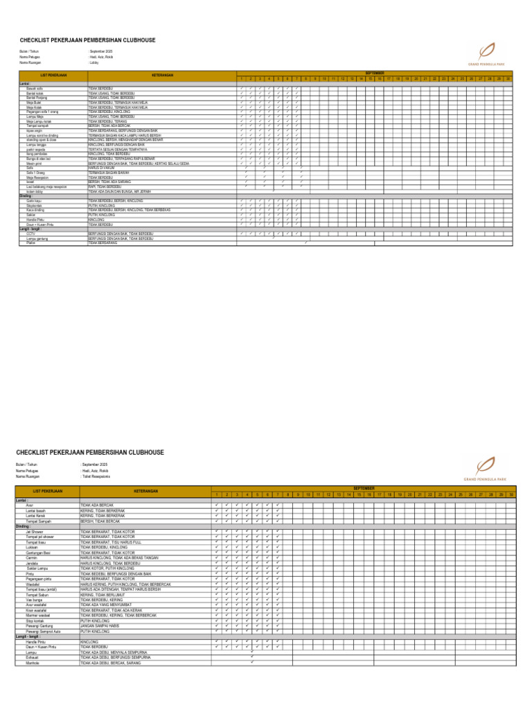 Checklist Kebersihan Clubhouse September | PDF
