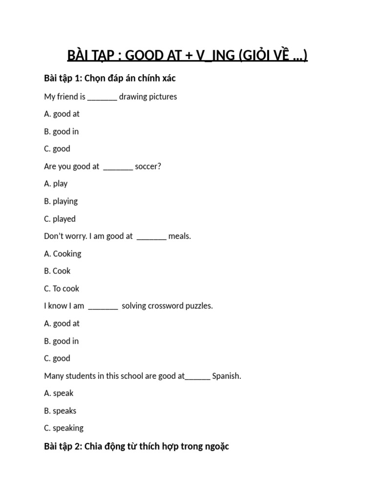 Good at + V-ing Exercises for ESL | PDF
