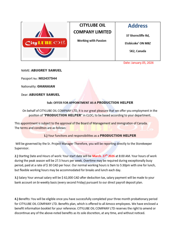 Job Offer: Production Helper at Citylube | PDF | Employment | Salary