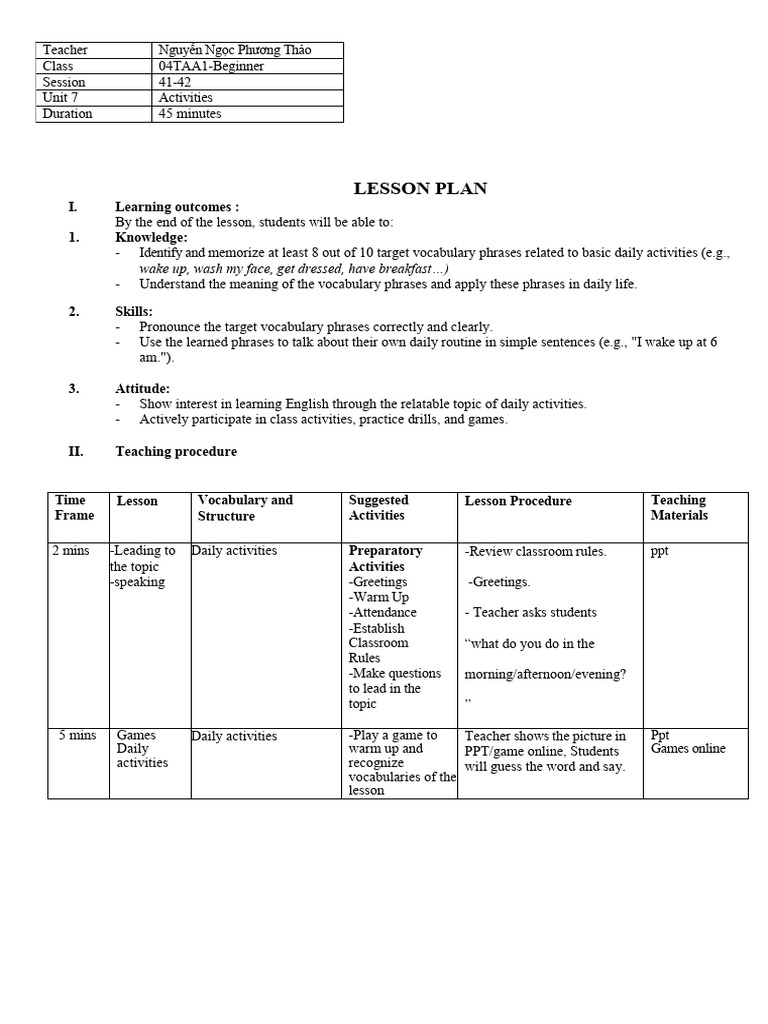 Lesson Plan Unit 7- Ms. Phương Thảo- Activities | PDF | Vocabulary | Lesson Plan