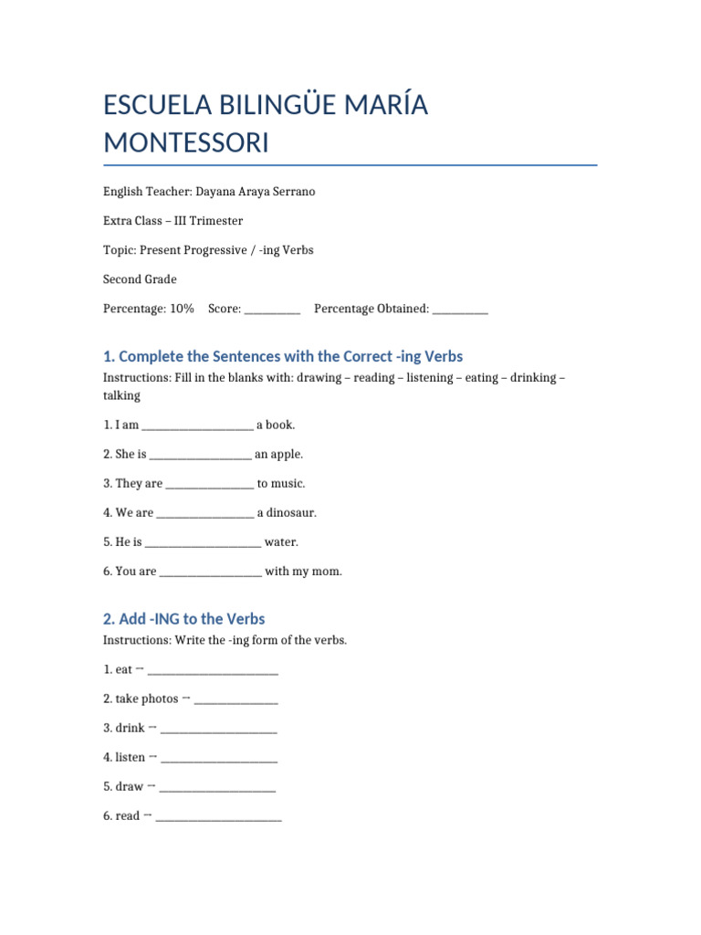 Present Progressive -ing Verbs Worksheet | PDF
