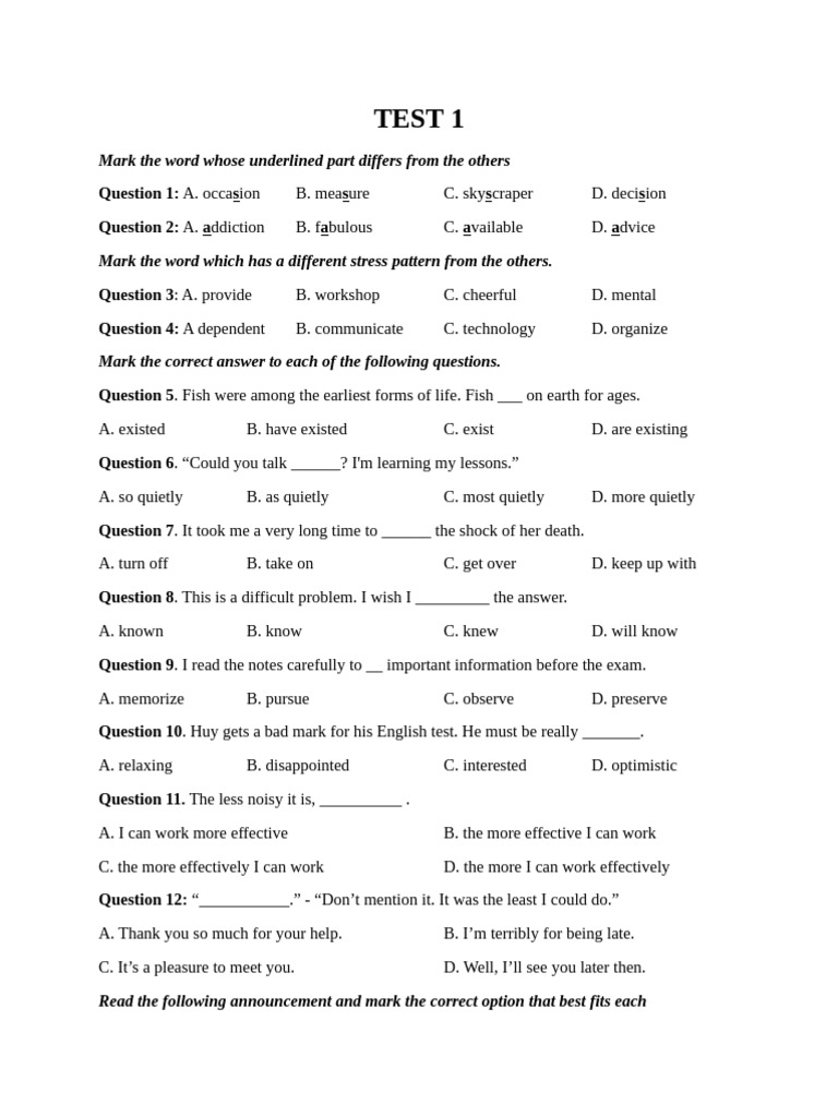 English Language Test Questions and Answers | PDF | Sea | Second Language