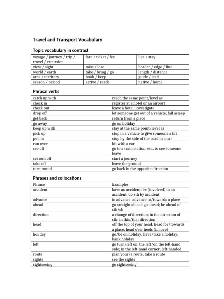 Travel and Transport Vocabulary Tables | PDF | Linguistics | Linguistic ...
