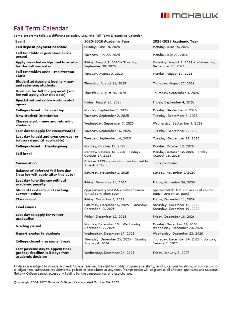 Mohawk College Fall Term Calendar 2025-2027 | PDF | Higher Education ...