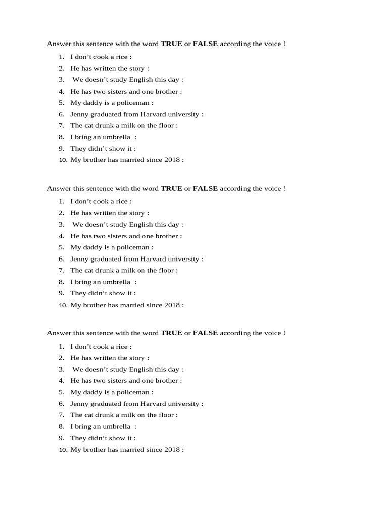 Answer This Sentence With the Word TRUE or FALSE According the Voice | PDF