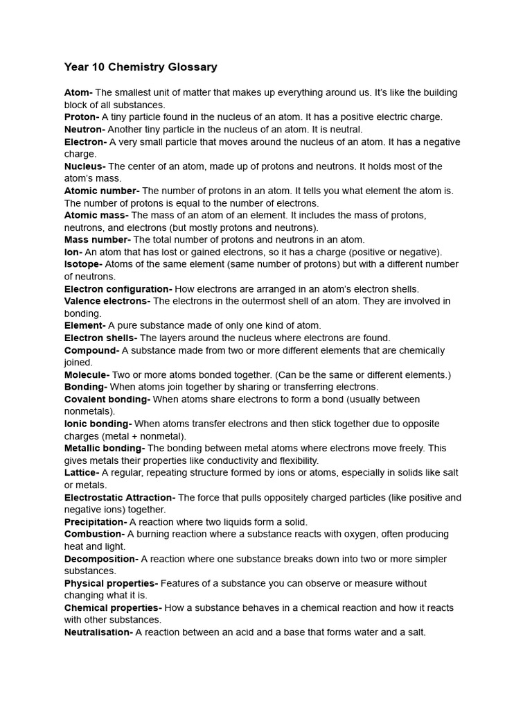 Year 10 Chemistry Glossary | PDF | Atoms | Ion