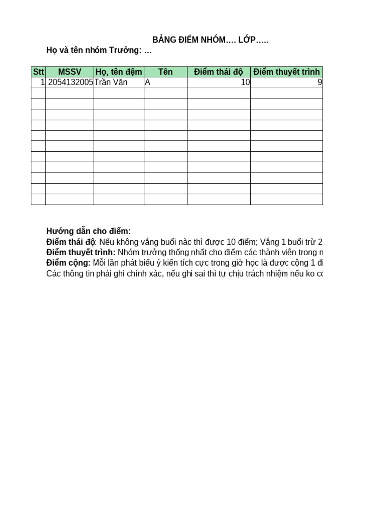 Bang Diem Mau Nhom 1 Bu I 1 | PDF