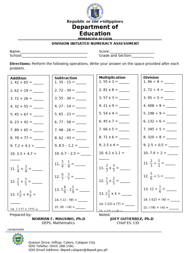 BNHS Numeracy Assessment Tool JHS SHS New | PDF | Chess | Chess Theory