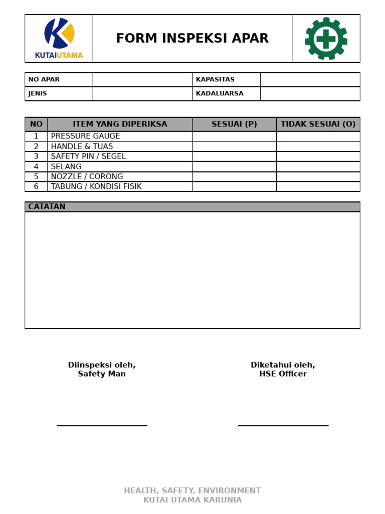 Formulir Inspeksi APAR Lengkap | PDF