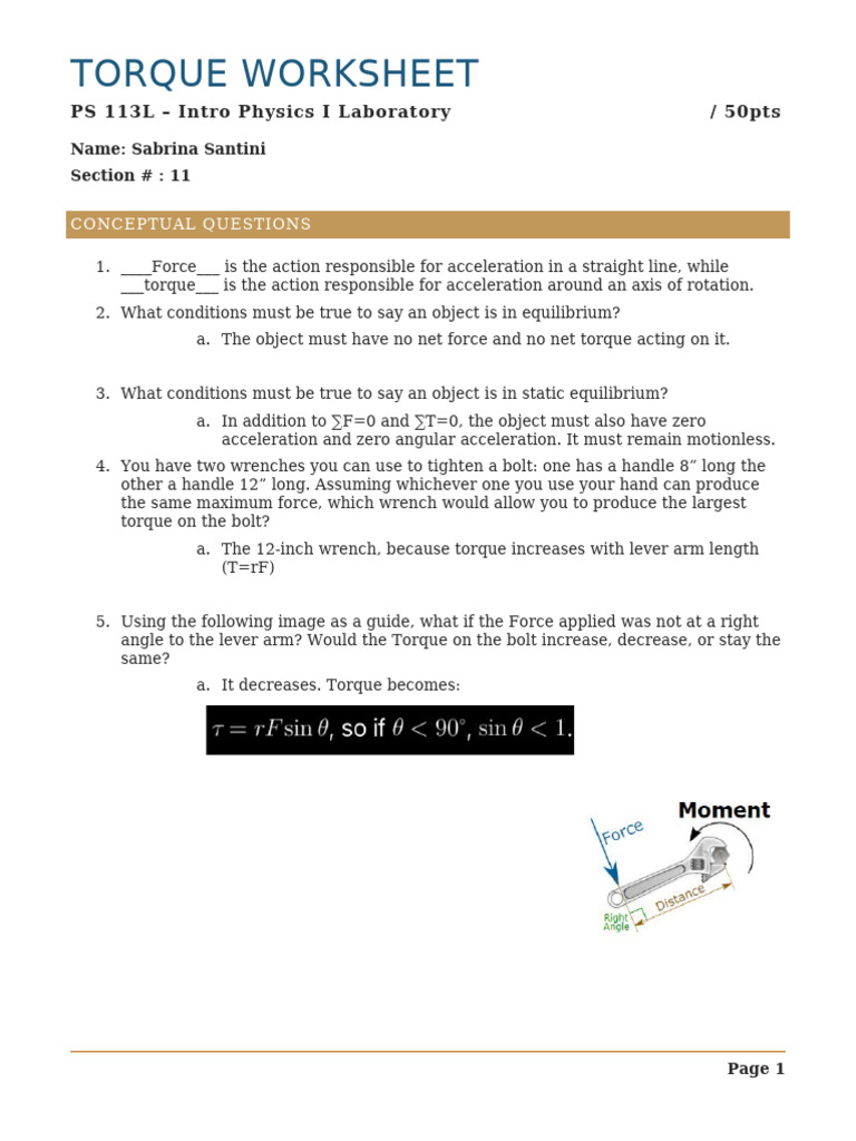 Torque and Equilibrium Lab Worksheet | PDF | Torque | Force