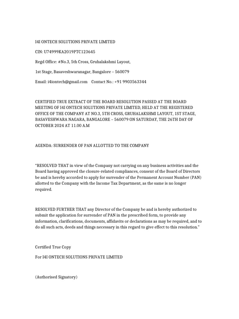Board Resolution for PAN Surrender | PDF