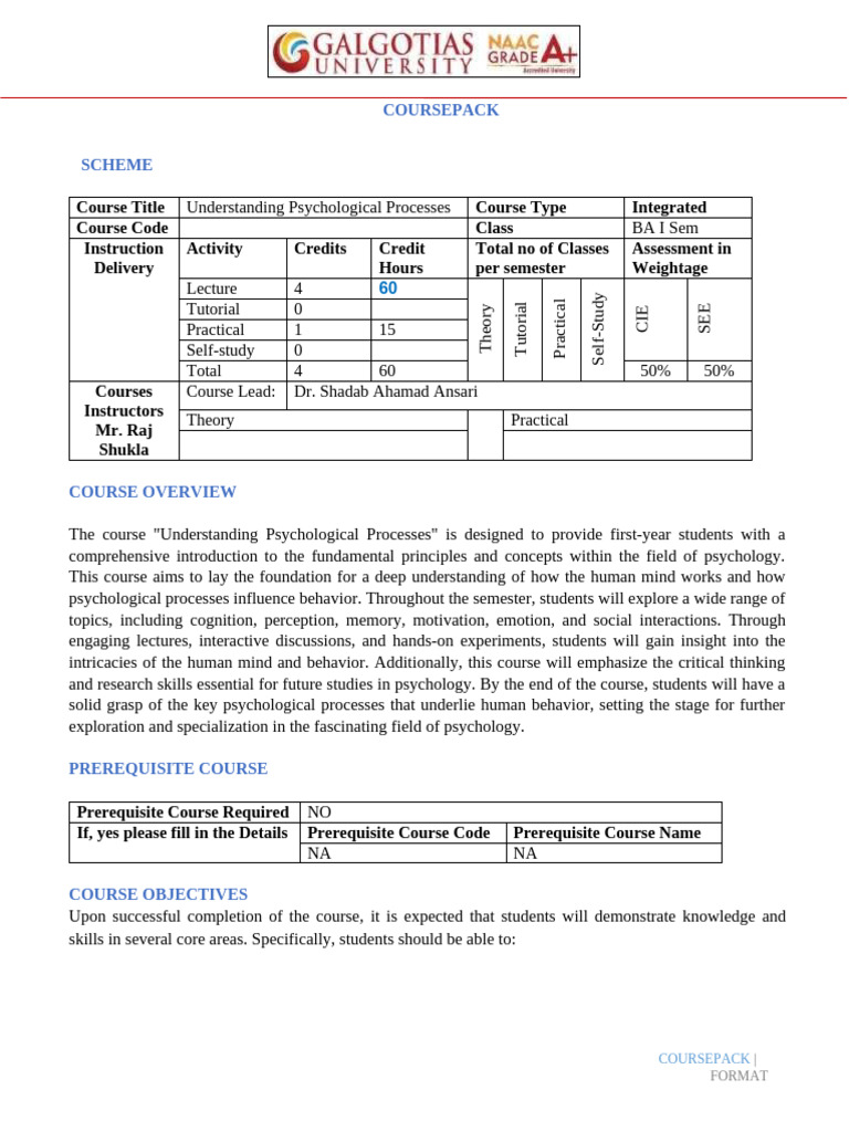 BA SEM 1 Understanding Psychological Processes COURSEPACK | PDF ...