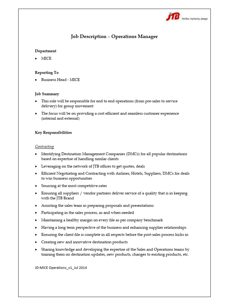 JD Operations Manager-1 | PDF | Business | Economies