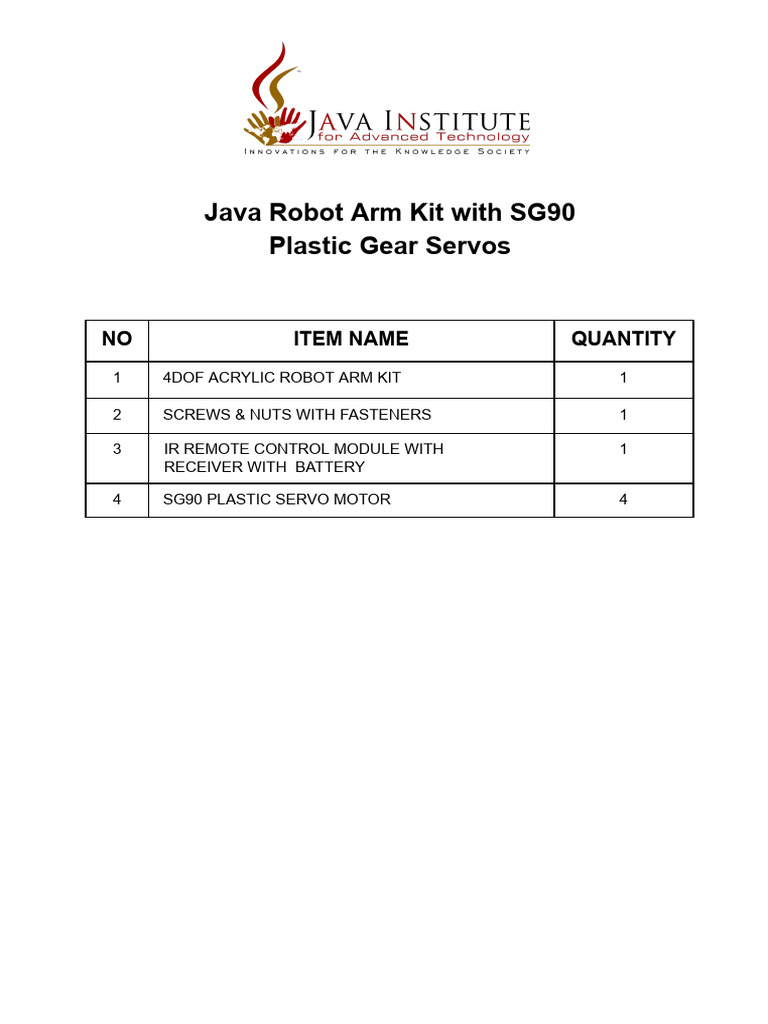 Java Robot Arm Kit with SG90 Servos | PDF