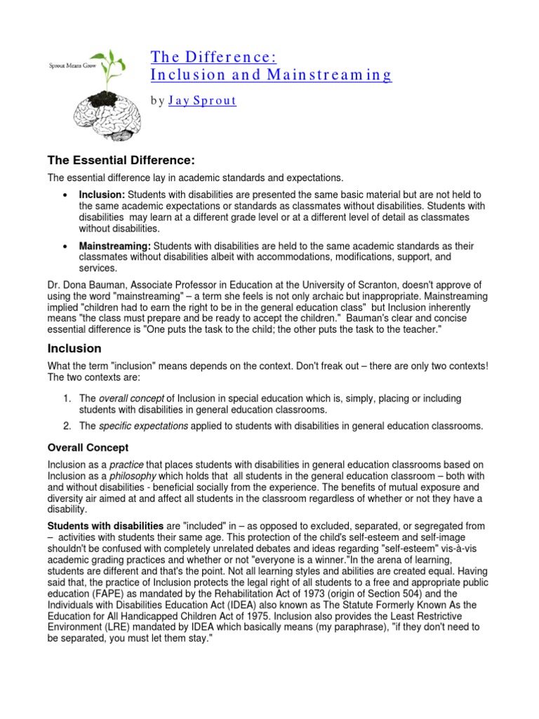 The Difference: Inclusion and Mainstreaming | Inclusion (Education ...