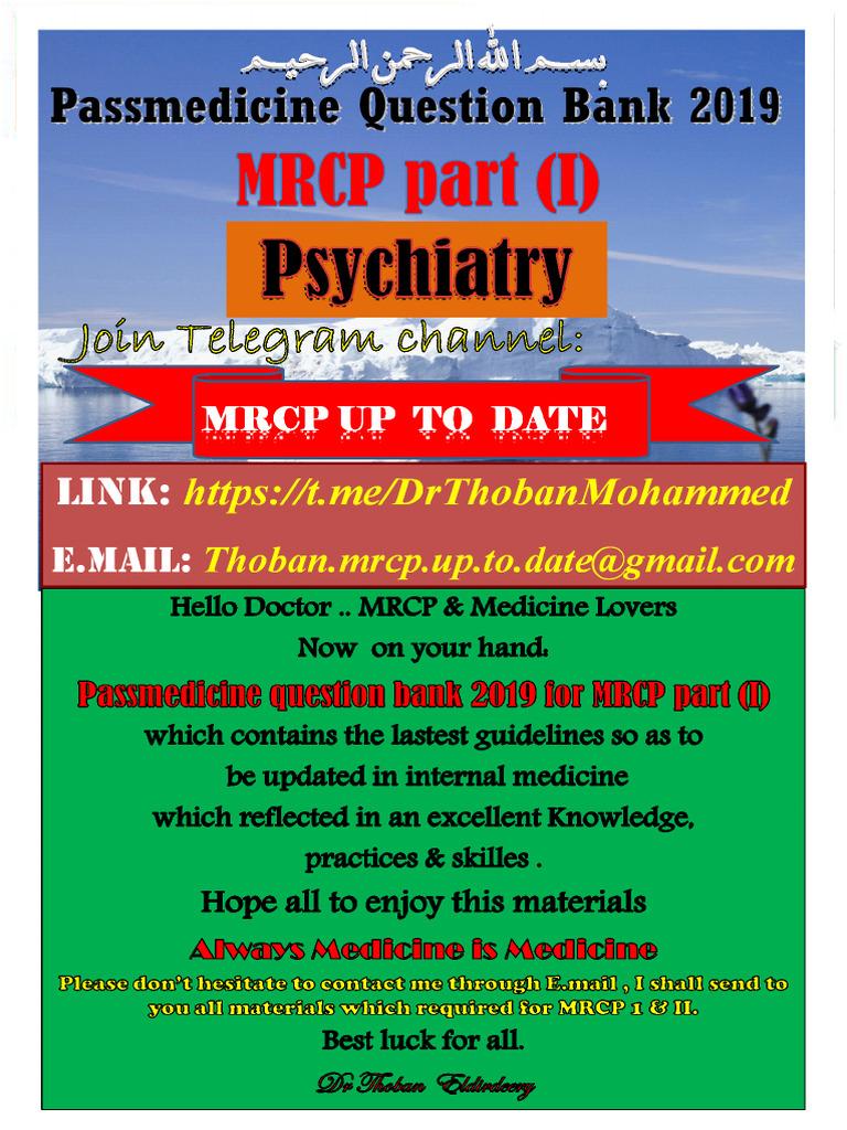 MRCP - PART ONE - PassMedicine 2019 - Psychatry | PDF