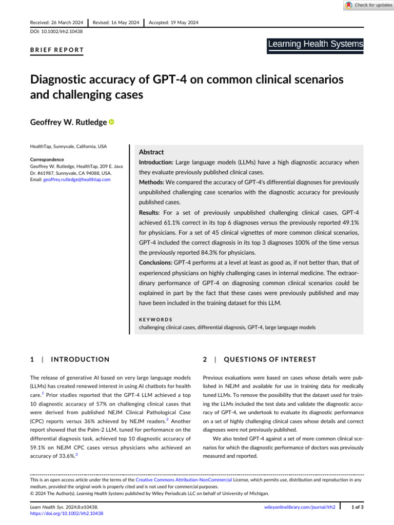 Learning Health Systems - 2024 - Rutledge - Diagnostic Accuracy of GPT ...