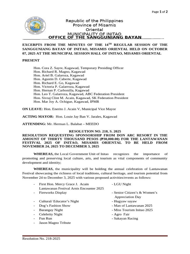 Res. No. 218, s. 2025 Don Arc Resort | PDF
