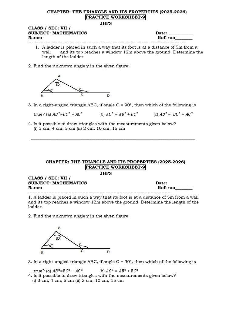 CL-7 MATHS CH-6 PWS-9 Triangles and Its Properties | PDF | Triangle | Angle