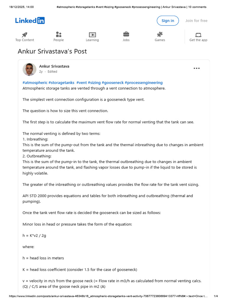 #Atmospheric #Storagetanks #Vent #Sizing #Gooseneck #Processengineering _ Ankur Srivastava _ 10 ...