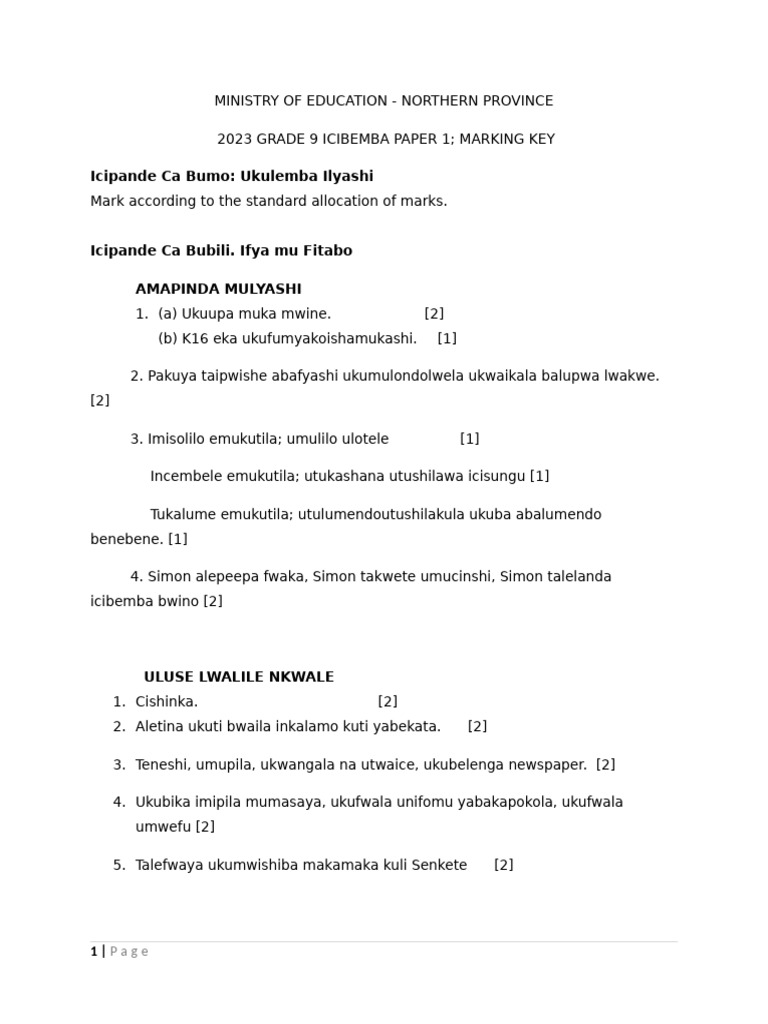 2023 Icibemba Paper 1 Grade 9 Marking Key | PDF