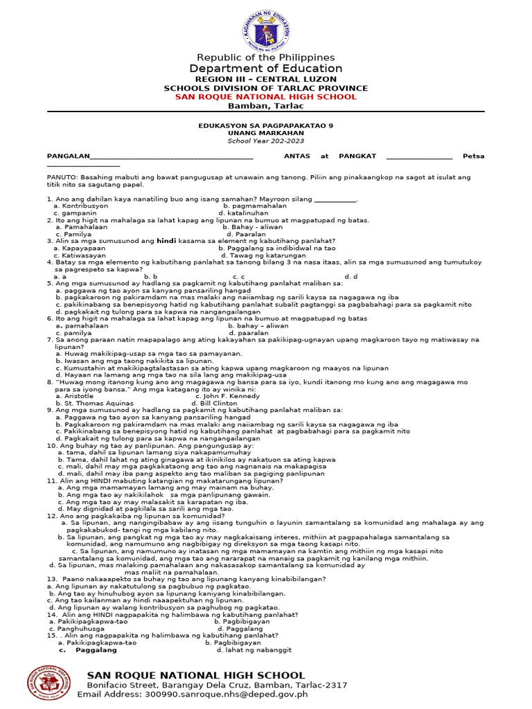 Pre Test in ESP 9 1st QTR | PDF