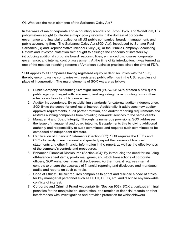 Audit Assignment | PDF | Sarbanes–Oxley Act | Corporate Governance