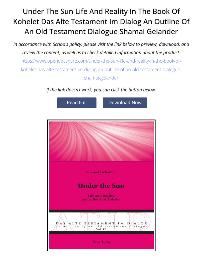 Under the Sun Life and Reality in the Book of Kohelet Das Alte ...