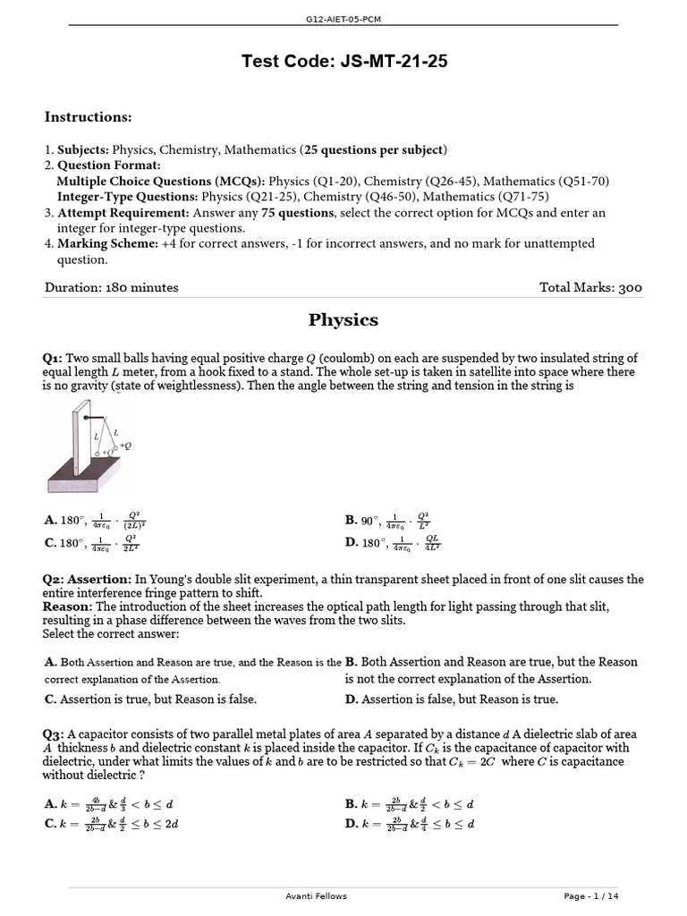 Avanti Fellows Physics Chemistry Math Test | PDF | Capacitor | Multiple ...