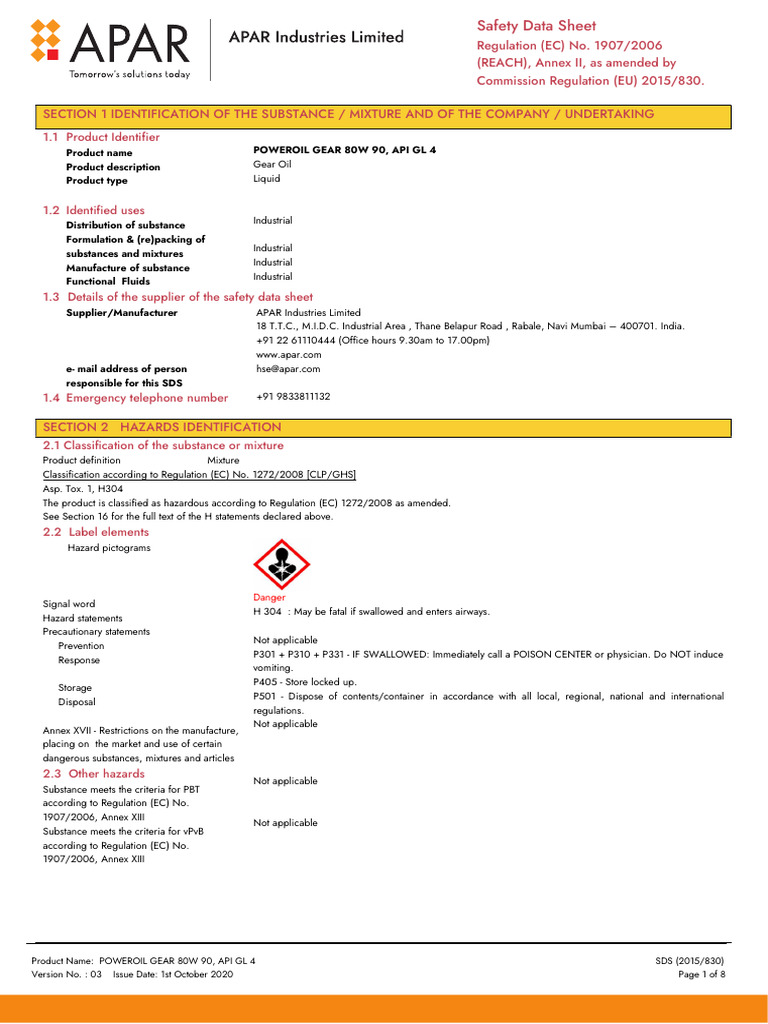 1-SDS-POWER-GEAR-80W-90-API-GL4 | PDF | Waste | Waste Management