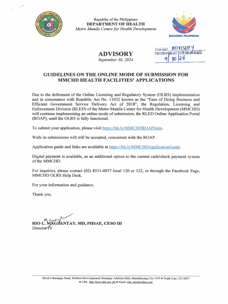 DOH MMCHD Guidelines On The Online Mode of Submission For Health ...