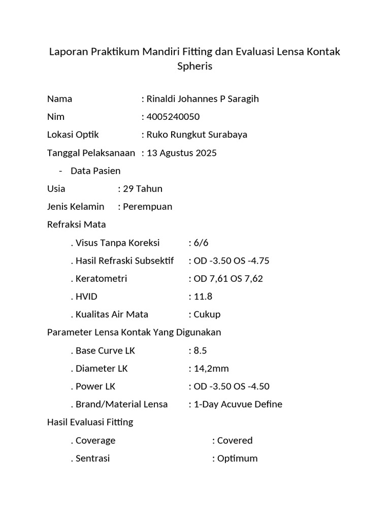 Laporan Praktikum Mandiri Fitting Dan Evaluasi Lensa Kontak Spheris | PDF