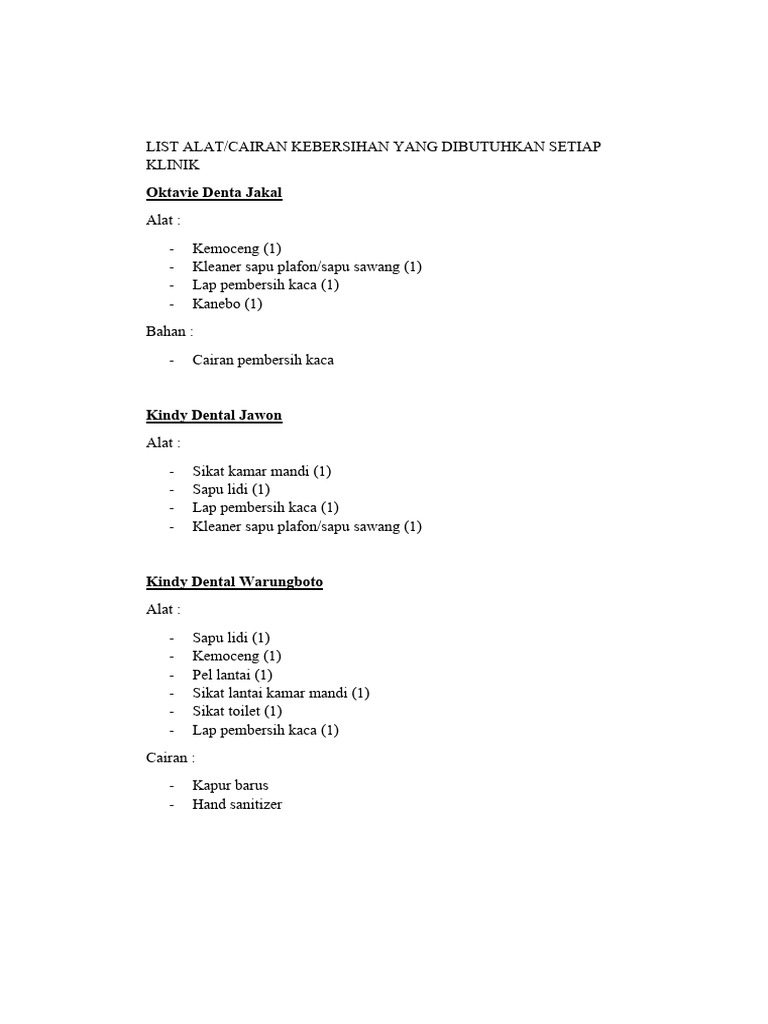 List Alat Dibutuhkan Tiap Klinik | PDF