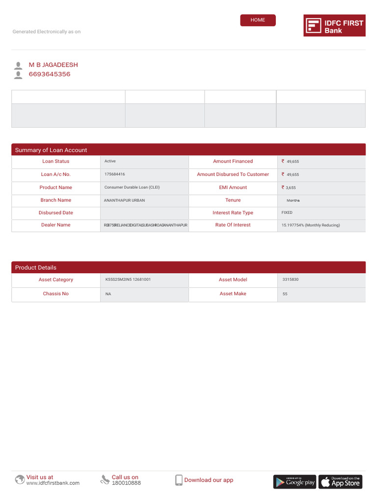 IDFC First Bank Consumer Durable Loan Statement | PDF | Credit Card | Banks
