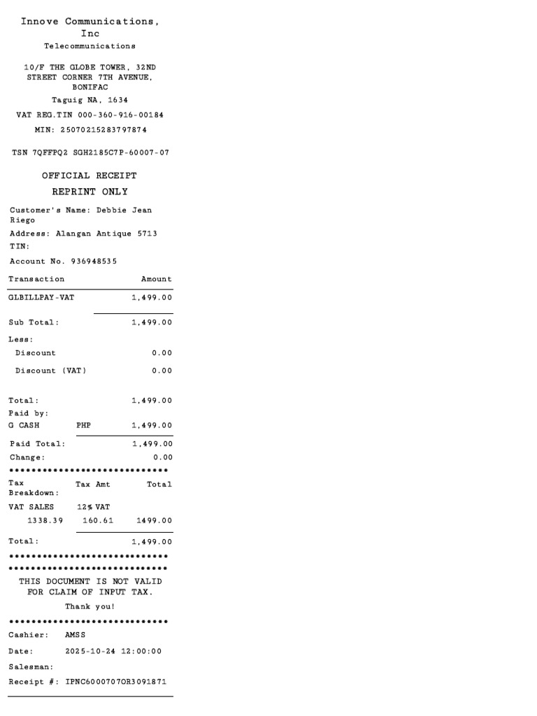 Innove Communications Official Receipt | PDF