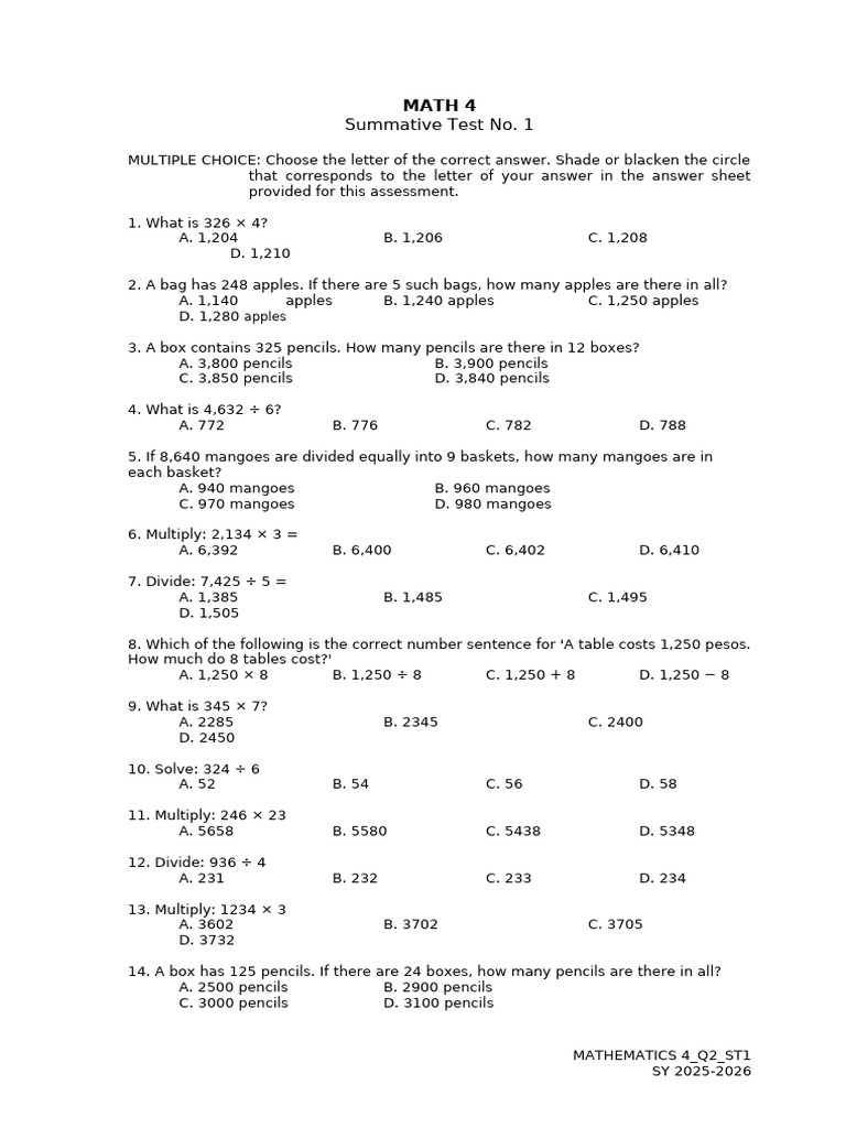 MATH 4_Summative_Test_Q2_W1-W2 Version 1 - For Merge | PDF | Chess ...