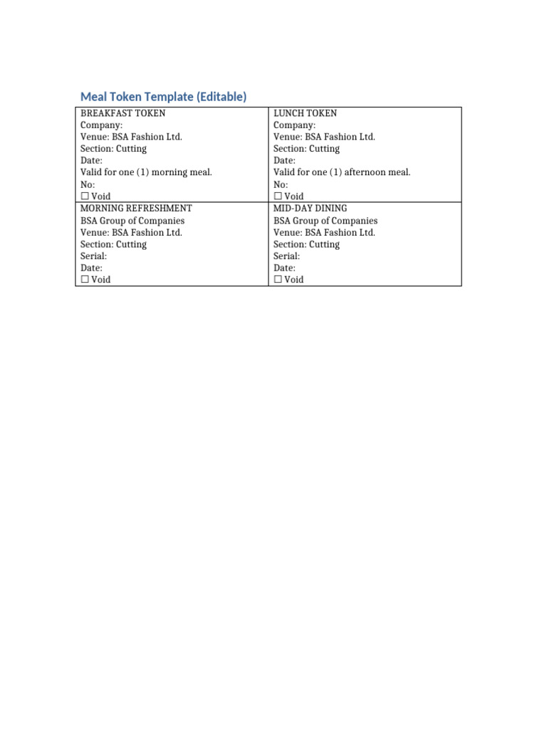 Editable Meal Token Template | PDF