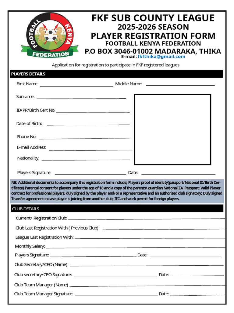 FKF Player Registration Form 2025-2026 | PDF