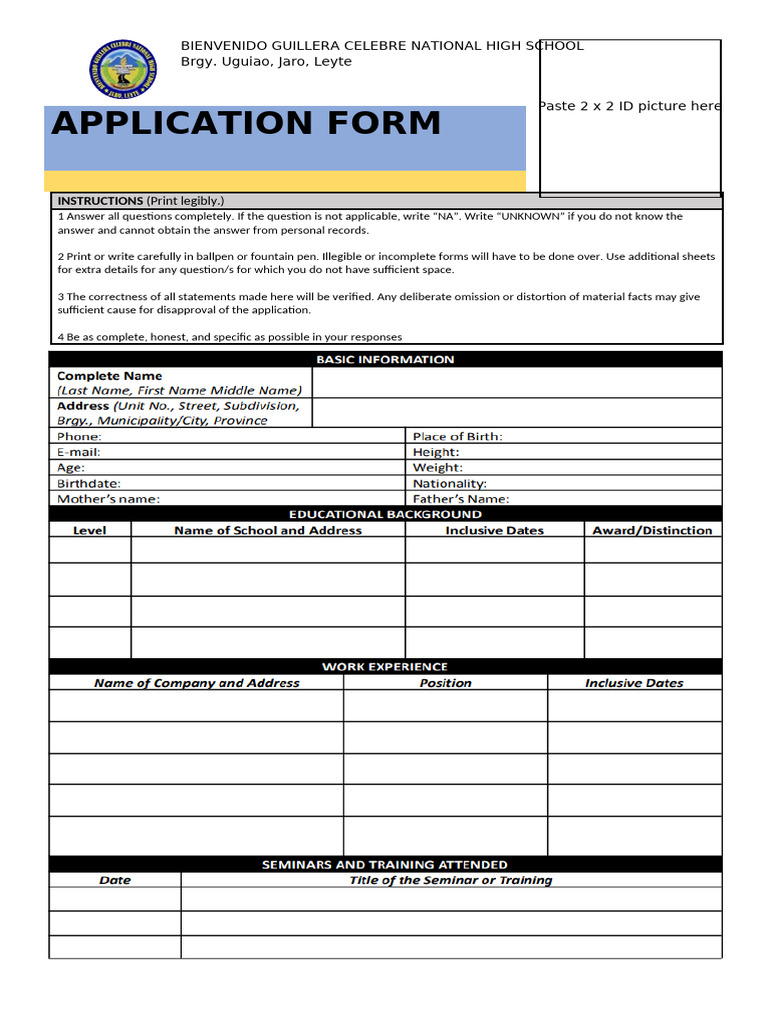 Application Form_work Immersion | PDF