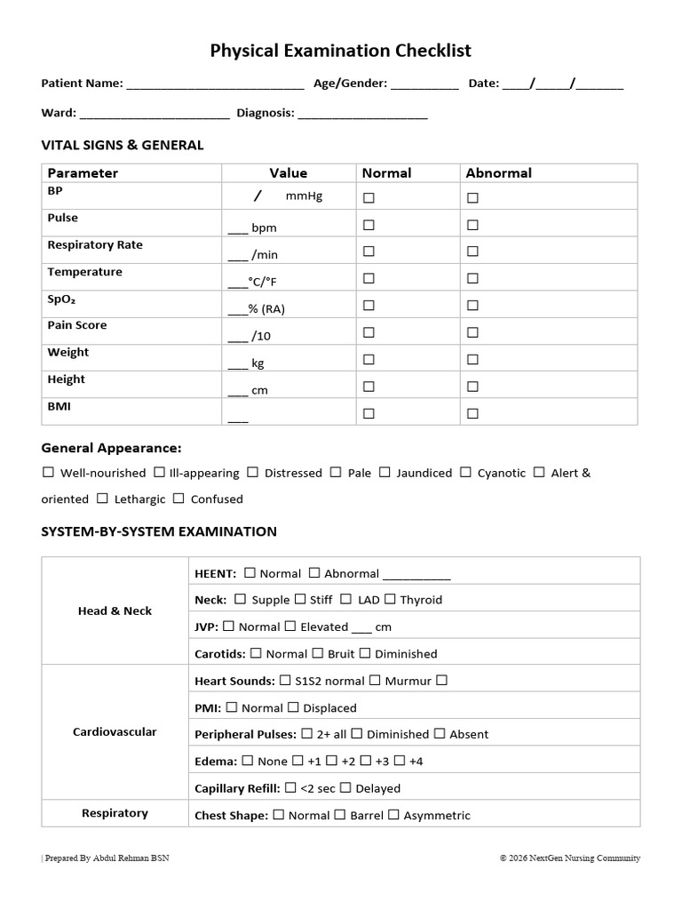 Physical Examination Checklist Template | PDF | Physiology ...