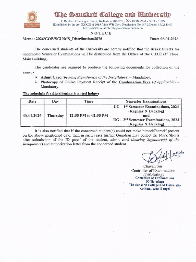 NOTICE Marksheet Distribution of UG-1st & 3rd Semester Examinations ...