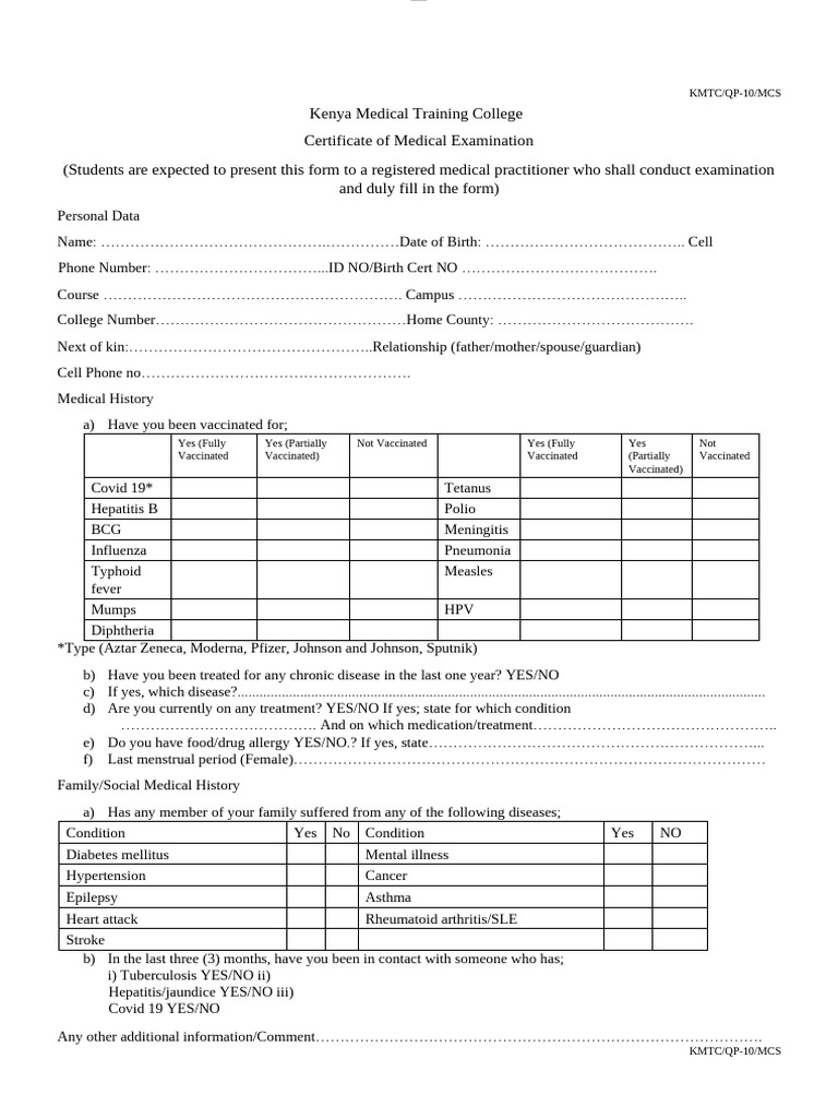 Medical Examination Certificate Form | PDF | Vaccines | Immunology