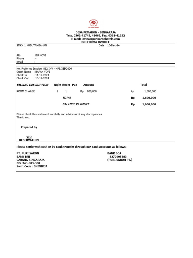 Pro Forma Invoice for SMKN 1 Kubutambahan | PDF